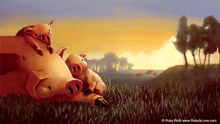 Pigs in Sunset – Ruby Roth – The Sheppard Collection of Vegan Art